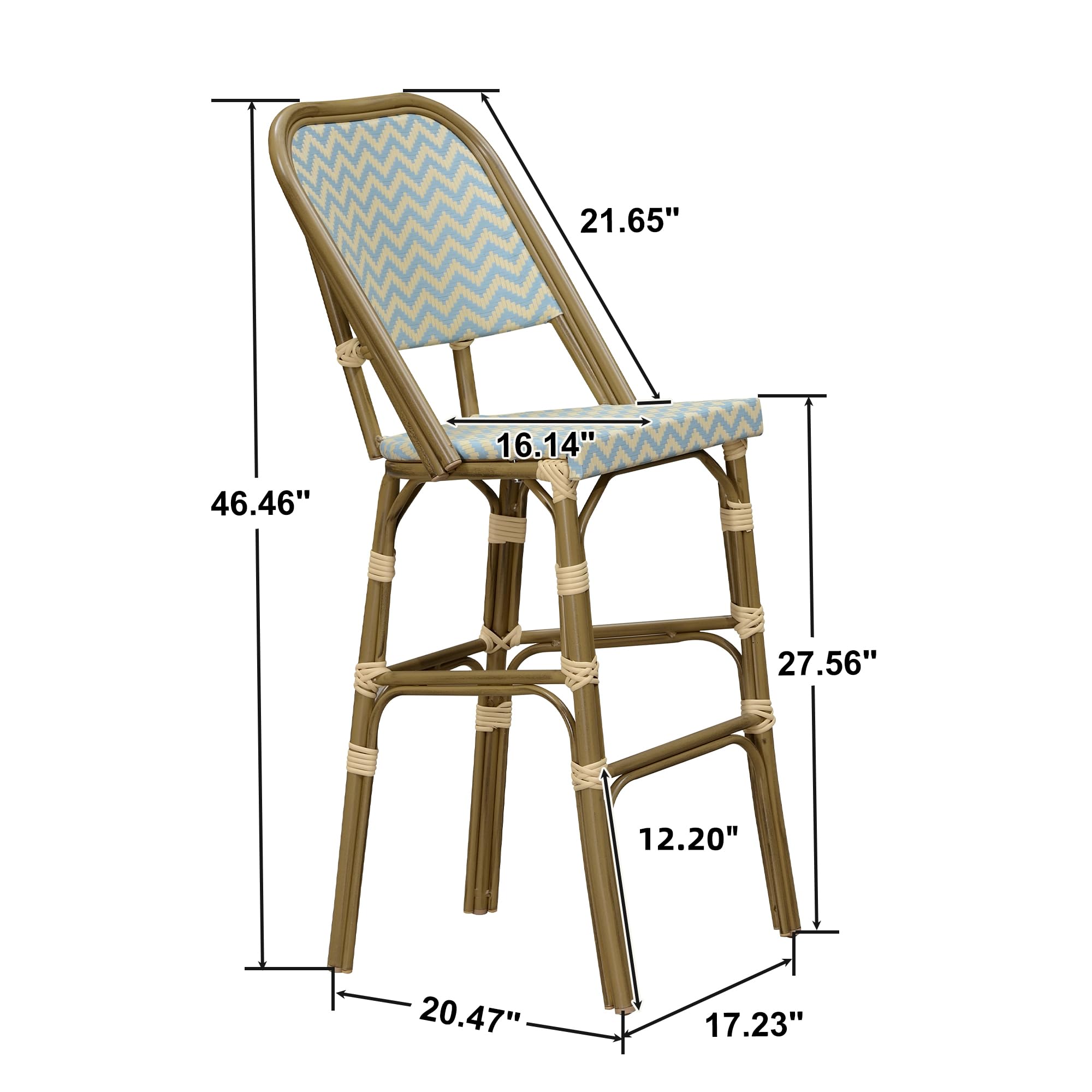 PURPLE LEAF French Bar Stool Set of 2 Outdoor Bar Patio Kitchen Counter Aluminum Frame Chair with Bamboo Print Finish Patio Bar Height Stool, Light Blue