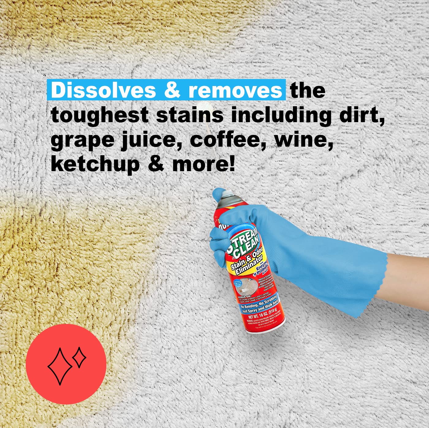 Urine Gone Stream Clean, Heavy Duty Carpet Stain & Odor Eliminator Deep Cleans with Fast Acting Natural Enzymes + Probiotics Eliminating Stains and Odor Permanently, No Scrubbing, 18 oz. (1pack)