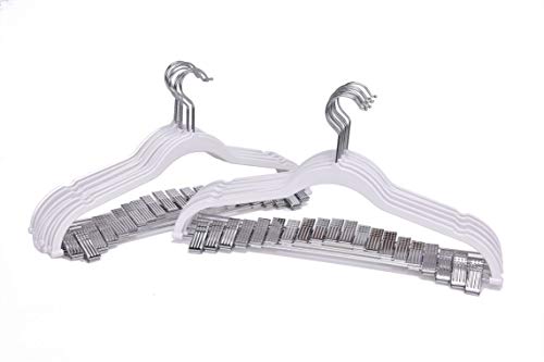 Quality Plastic Non Velvet Non-Flocked Thin Compact Coat Hangers with Metal Clips for Skirts Pants Blouses 360° Swivel Hook (White, 20)