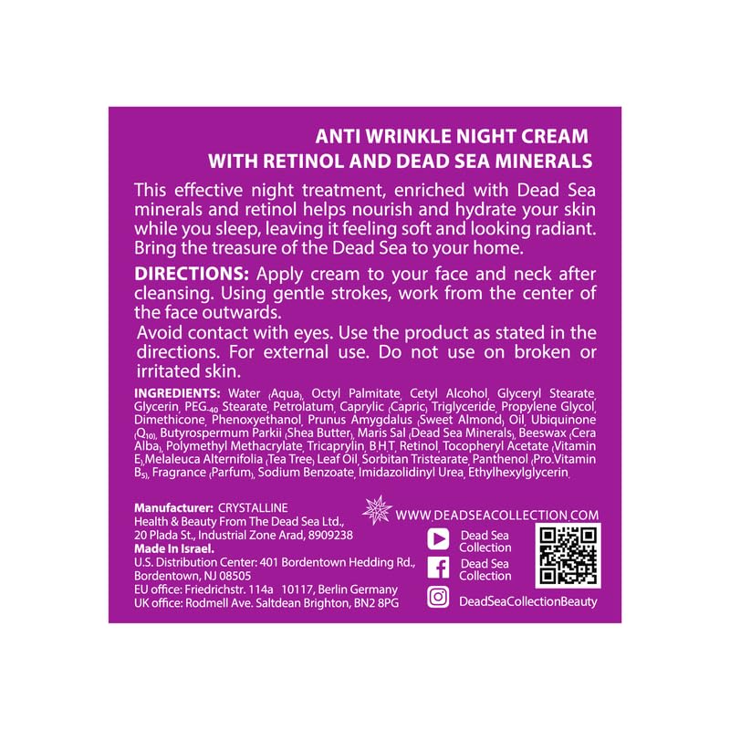 Dead Sea Collection Anti-Wrinkle Night Cream for Face with Retinol and Sea Minerals - Nourishing and Moisturizer Face Cream (1.69 fl.oz)