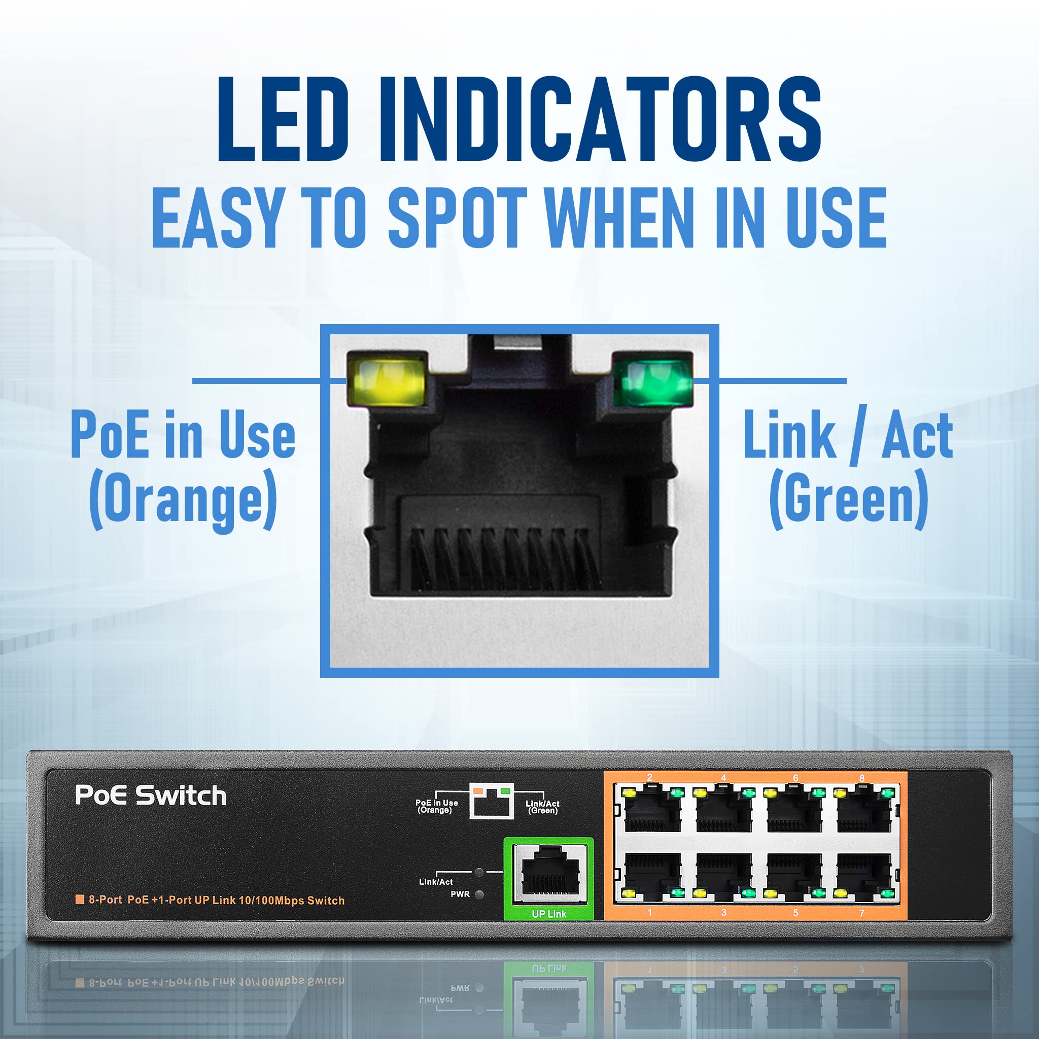 BV-Tech 9 Port PoE+ Switch (8 PoE+ Ports | 1 Uplink Port) – 120W – 802.3af/at