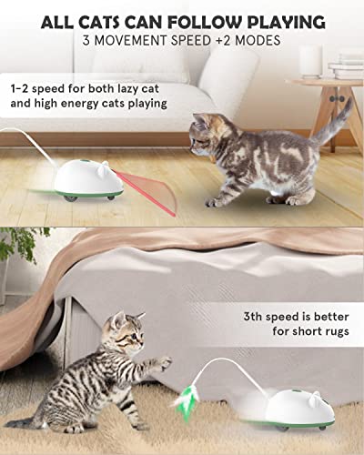 Bumfey 4-in-1 Automatic Cat Mice Toys for Indoor Cats, Interactive Electric Moving Cat Toys with Feather, LED Lights, Bird Sound, Laser, Smart Kitten Toys for Pet Exercise Playing