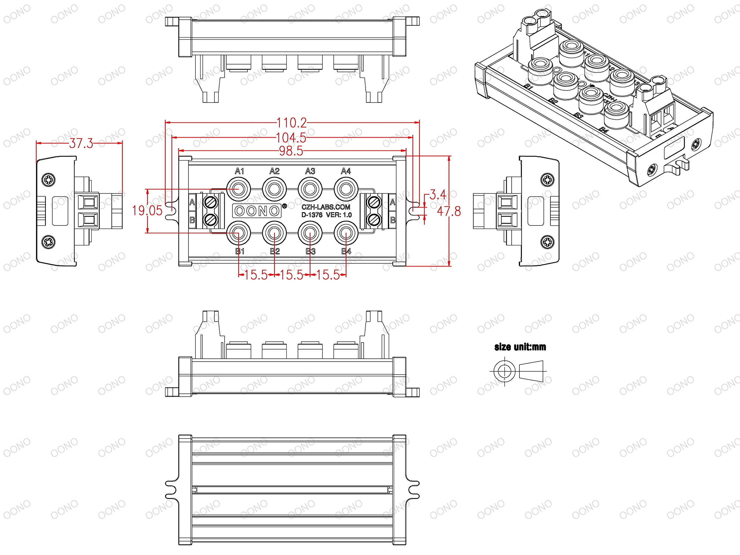 Screw Mount 2 x 4 Position Banana Jack Distribution Module, DC Power Strip