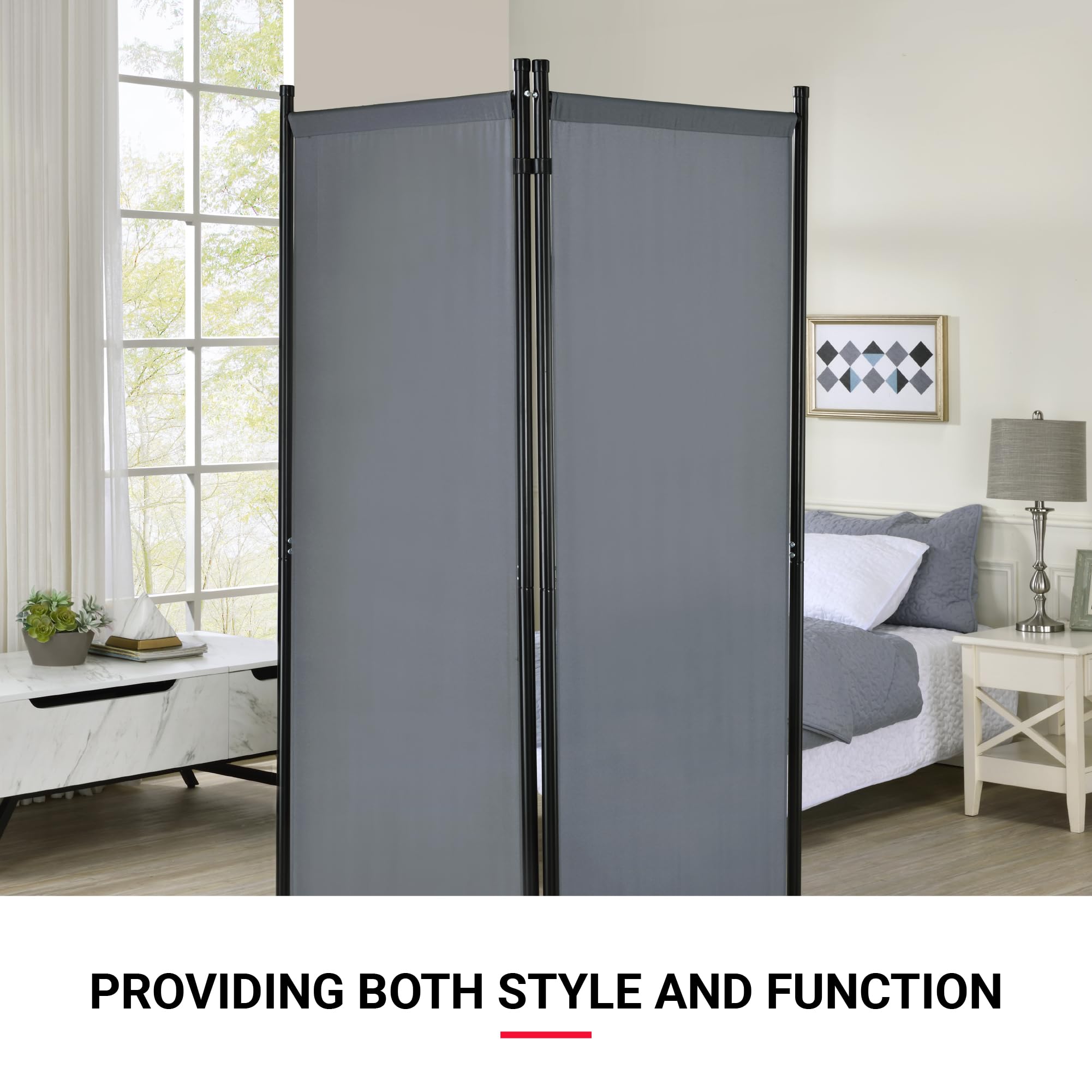 Proman Products - Galaxy II Section Divider, Water Repellent Fabric Room Divider with Black Powder Coated Metal Frame for Indoors or Outdoors, Small 50.25β Width (Grey)