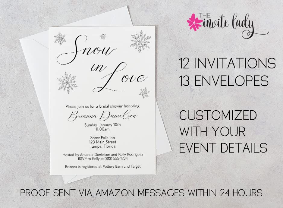 Winter Bridal Shower Invitation White Silver Snow in Love Snowflakes Wedding Couples Shower January February Printed Cards Customized Personalized Cards (12 Count)