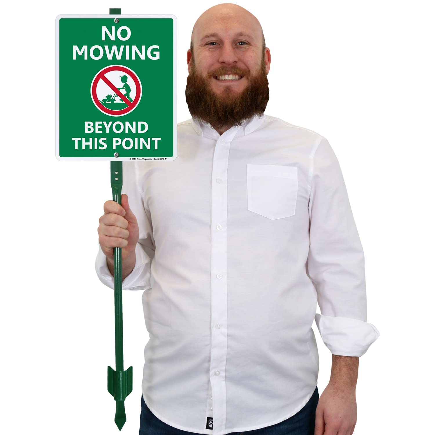 SmartSign 12 x 10 inch “No Mowing Beyond This Point” LawnBoss Yard Sign with 3 foot Stake, 40 mil Laminated Rustproof Aluminum, Red, White and Green, Set of 1, Made in USA