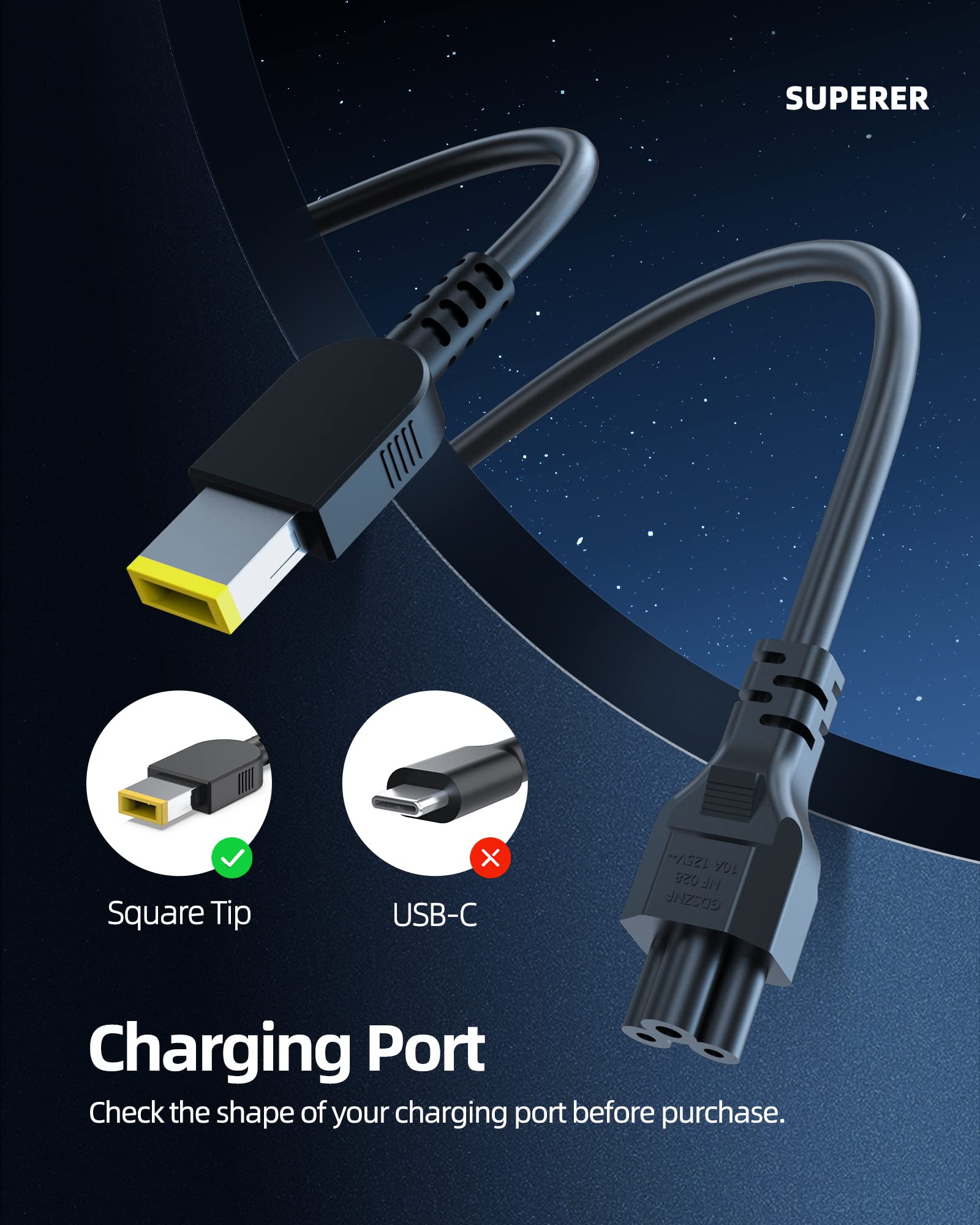 AC Charger Adapter Fit for Lenovo Thinkpad x1 Extreme, Ideapad Gaming 3 Laptop, (UL Safety Certified), Square Connector, 135W, 888015027 4X20E50558