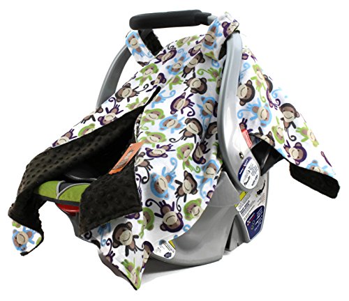 Dear Baby Gear Deluxe Car Seat Canopy - Double Layer Infant Car Seat Cover - Soft and Breathable - Multi Colored Mischievous Monkeys Print/Brown Dot - 30" x 40"