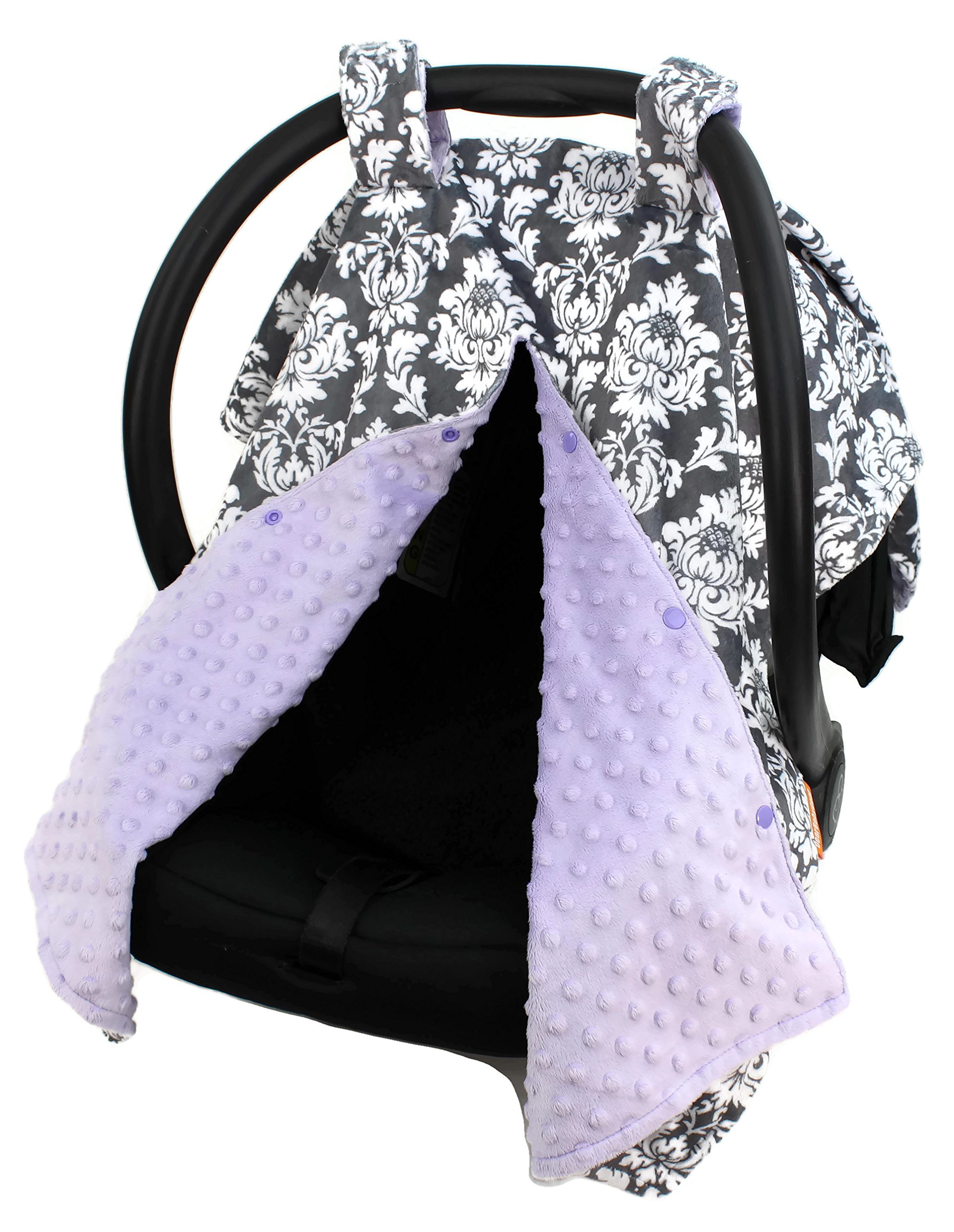 Dear Baby Gear Deluxe Car Seat Canopy, Custom Minky Print Grey and White, Lavender Minky Dot
