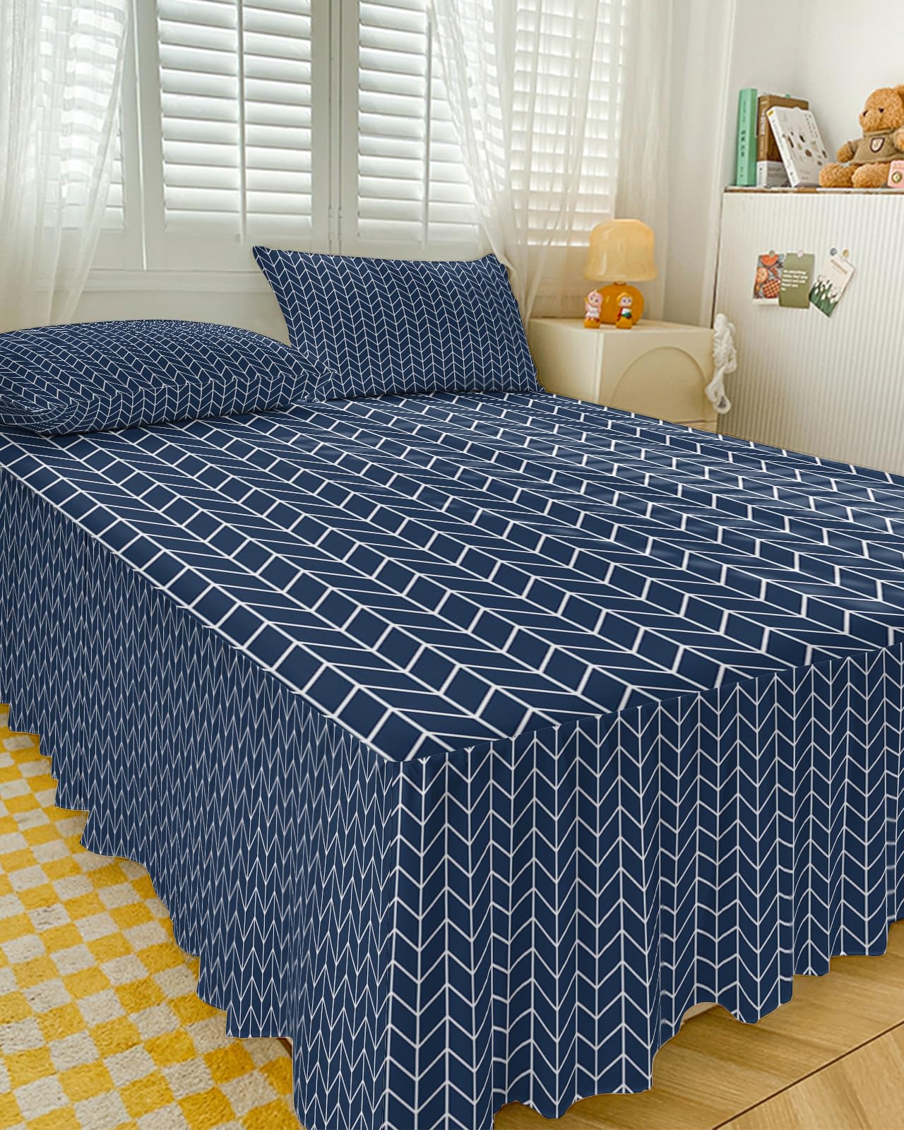 AMZRicher Navy Blue Wrap Around Pleated Bed Skirts for Queen Bed 60x80, Decorative Dust Ruffle Bed Sheet & Bedskirt 18'' Drop Bedspread with Pillow Case 20x30 Contemporary Geometric Modern Stripes