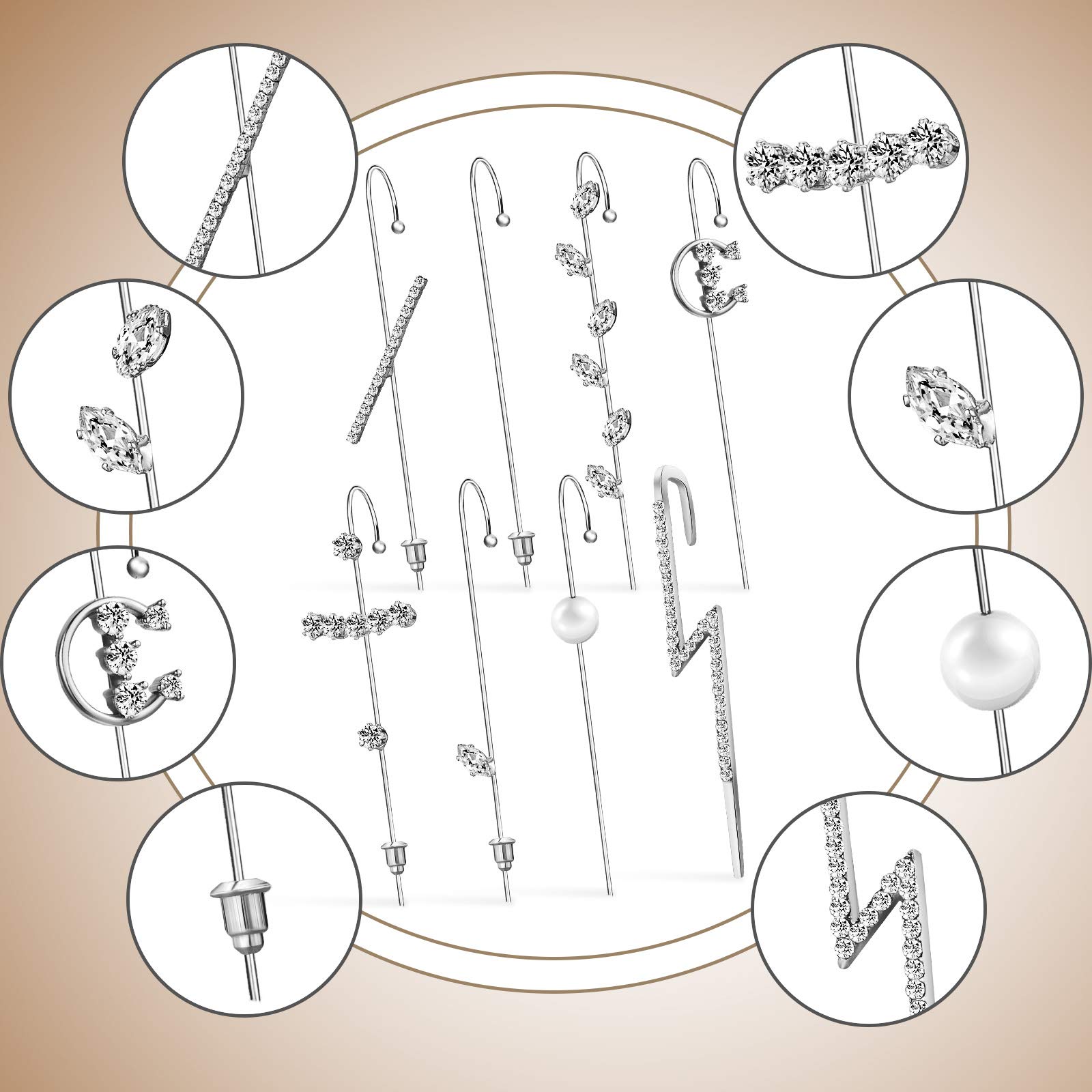 8 Pair Ear Cuff Earrings Crawler Hook Earrings for Women Assorted Rhinestone Wrap Earrings for Women