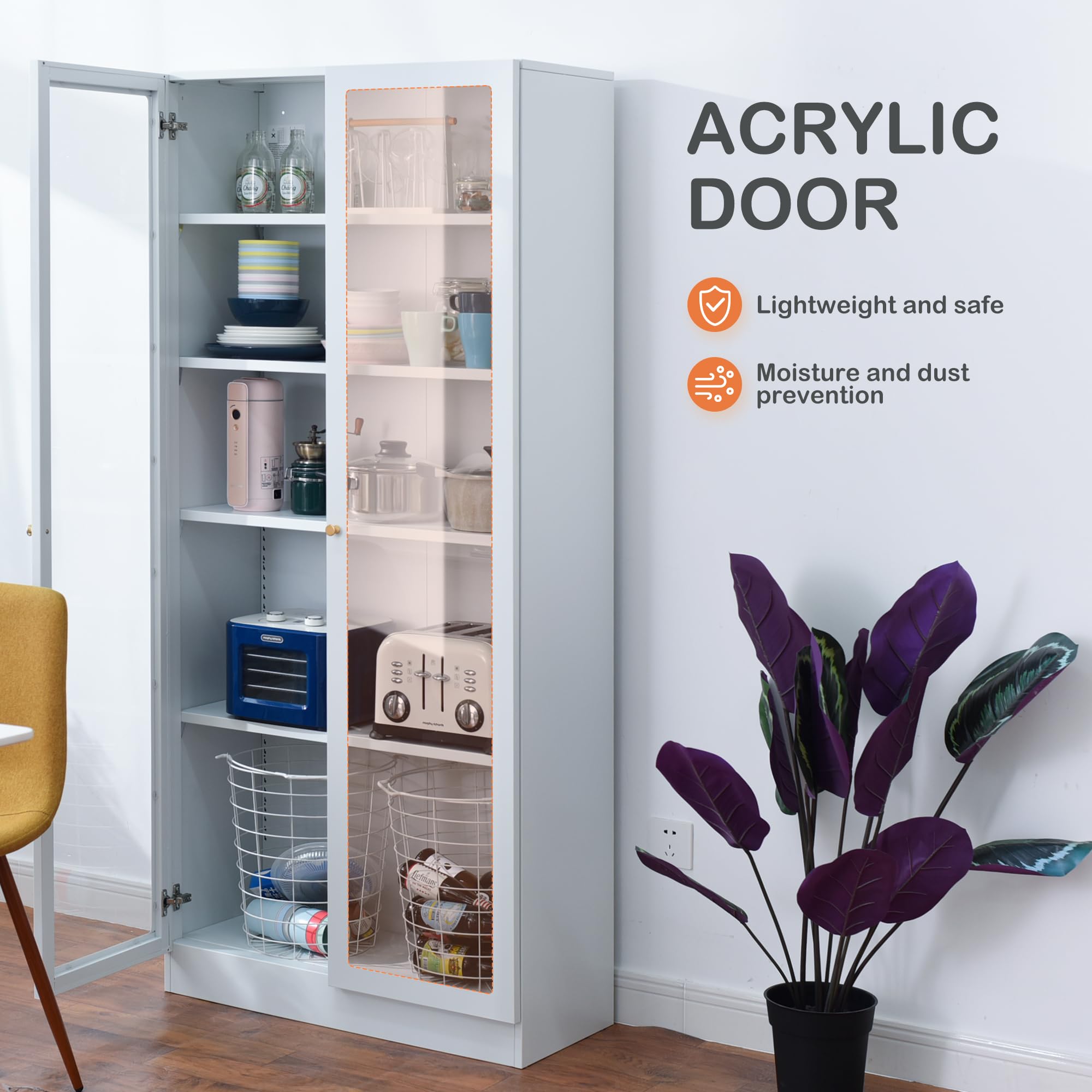 Alvisyd Metal Curio Cabinets with Acrylic Doors, 2 Door Cabinet 31.5 Wide Large Storage Bookcase with Adjustable Shelves, Glass Front Display Cabinet White Organizer 5 Tier for Home Office Craft