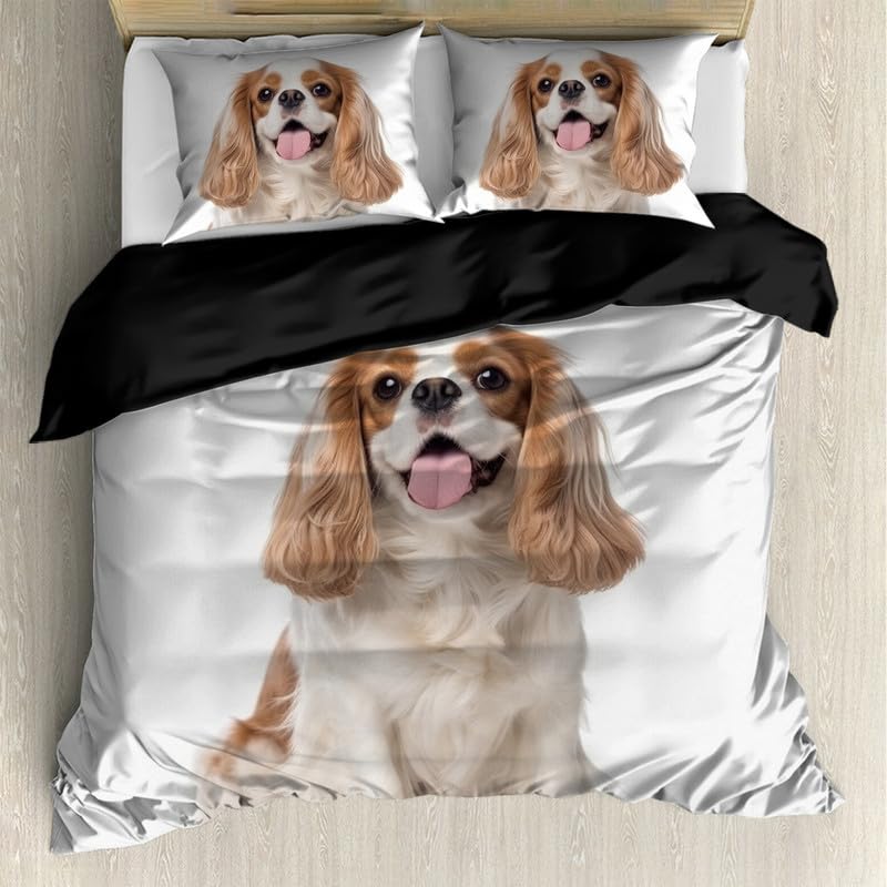Xarleslyna Queen Size Duvet Cover Sets Cavalier King Charles Spaniel Dog Quilt Cover Duvet Cover White Puppy Dog Comforter Covers with 2 Pillowcases for Childrens and Adults (88"x88")