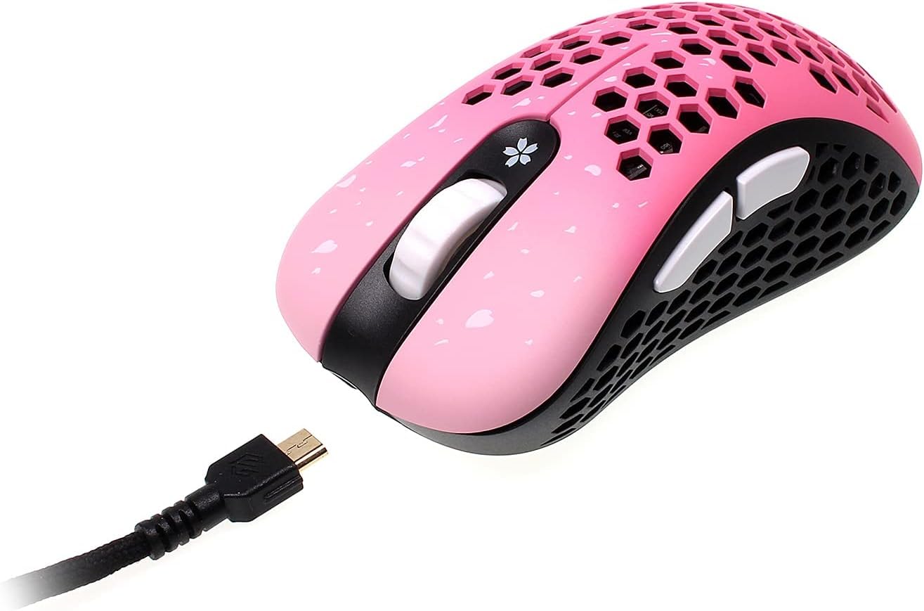 Gwolves Skoll Mini SK-S Sakura 50g Ultralight Weight Honeycomb Design Ergonomic Gaming Mouse with 3389 Sensor - PTFE Skates - 16,000DPI - Detachable Cable (Pink) (Small)