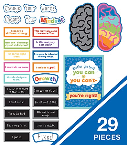 Carson Dellosa 29-Piece Growth Mindset Bulletin Board Set―Motivational Poster, Change Your Words Header, Fixed and Growth Brain With Mindset Phrases, Growth Mindset Bulletin Board Decorations