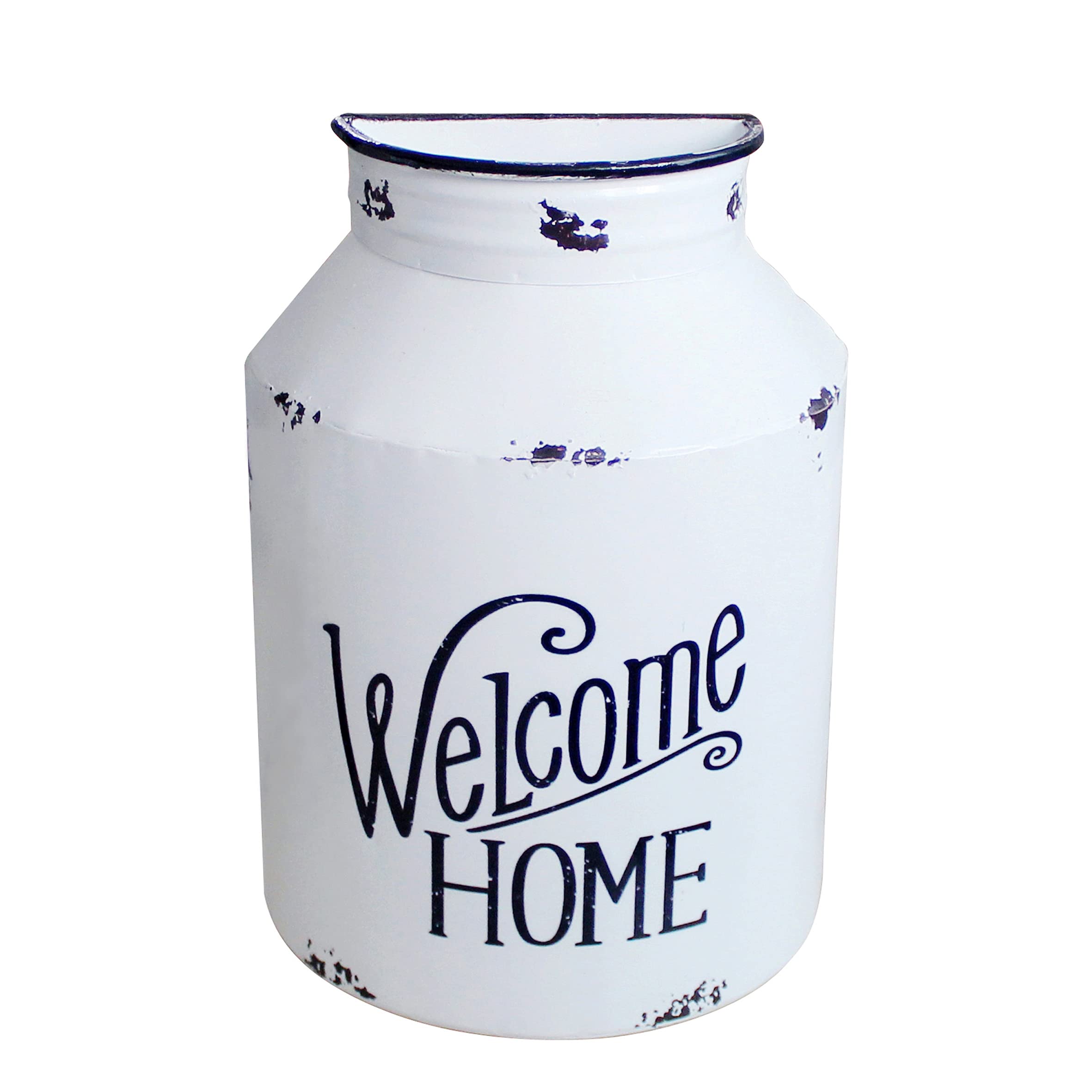 CVHOMEDECO. Primitive Rustic Galvanized Tin Half Round Jug Vase Metal Wall Hanging Flower Holder for Home and Garden Decor, Vintage White