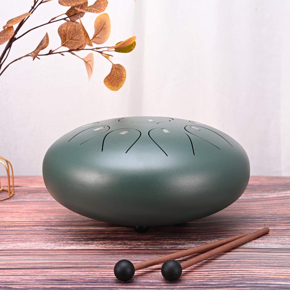 Tongue Drum, 12 Inch 11Notes Steel Tongue Drum Percussion instrument with Drum Mallets Carry Bag, 2 Drumsticks And Textbook (Green)