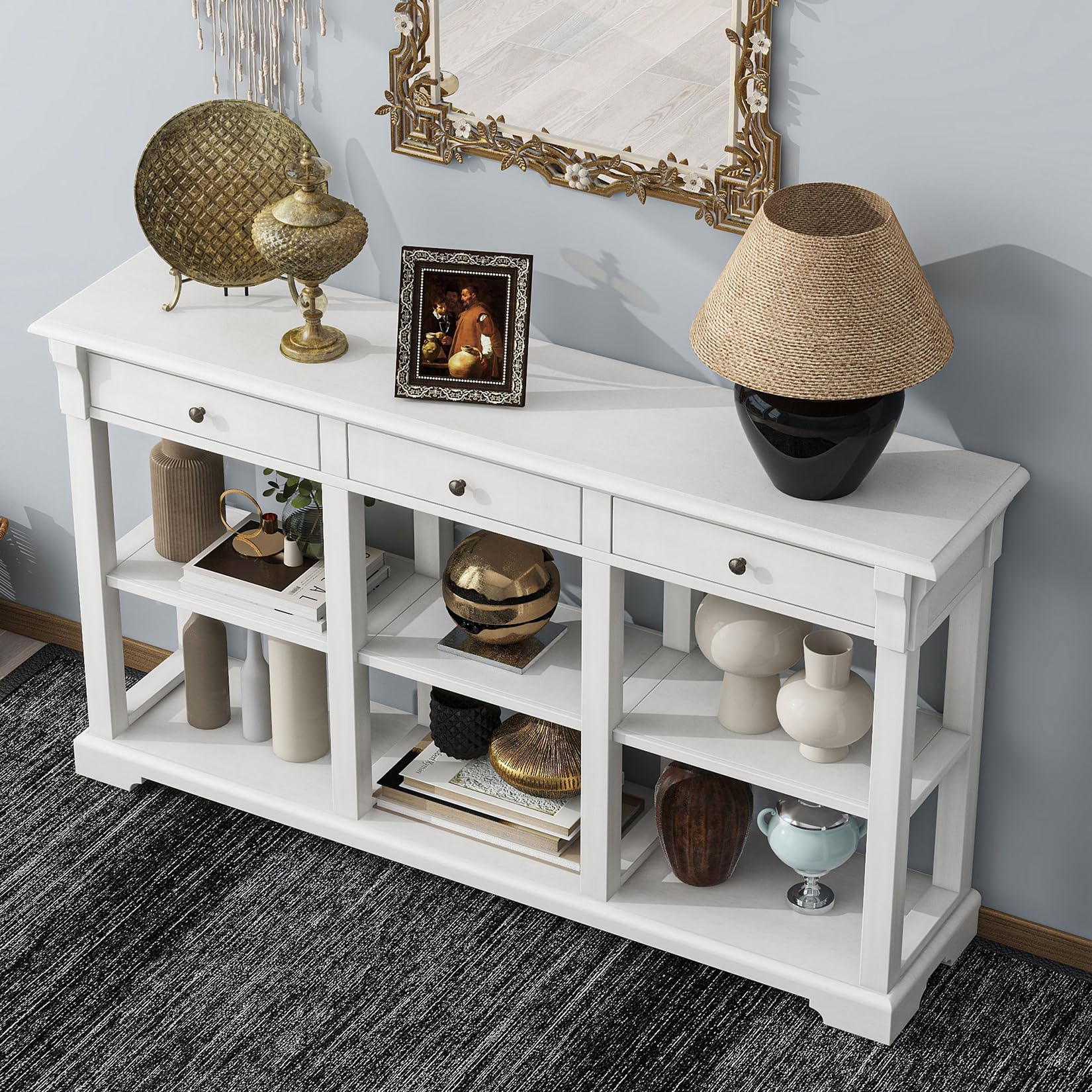 58 inch Console Sofa Table Retro Buffet Sideboard Behind Couch Table Foyer Tables for Entryway Hallway Bathroom Living Room with 3 Drawers and 2 Tiers Shelves, White