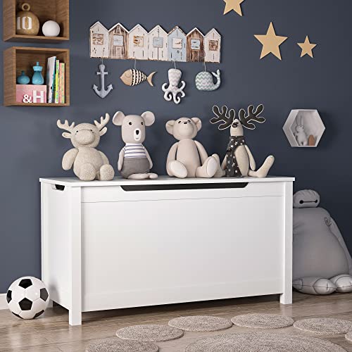 Mancofy Wooden Toy Chest, Kids Toy BoxïŒFurniture for Playroom, Bench with Safety Hinged Lid, Wooden Toy Box Storage Organizer, Children's Furniture Toy Chest (White)