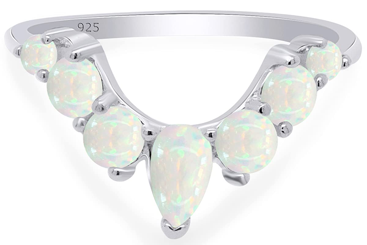 AFFY Seven Stone Design, Dainty 14k White Gold Plated 925 Sterling Silver Pear And Round Cut Created Opal Stackable Wedding Ring Jewelry For Womens Ring Size -6