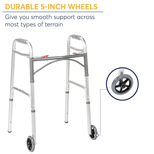 Drive Medical 10210-1 2-Button Folding Walker with Wheels, Rolling Walker, Front Wheel Walker, Lightweight Walkers for Seniors and Adults Weighing Up To 350 Pounds, Adjustable Height, Silver