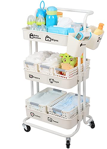 JOLEAD Baby Diaper Caddy Organizer Cart Movable, 3-Tier Sturdy Newborn Nursery Essentials Storage Cart for Changing Tables, with Mesh Baskets Hanging Cups and Sticker, Easy to Assemble
