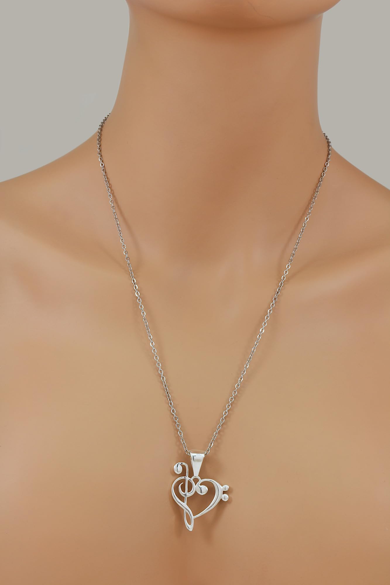 925 Sterling Silver Treble and Bass Clef Heart Pendant With 22" Hypoallergenic Cable Chain Necklace