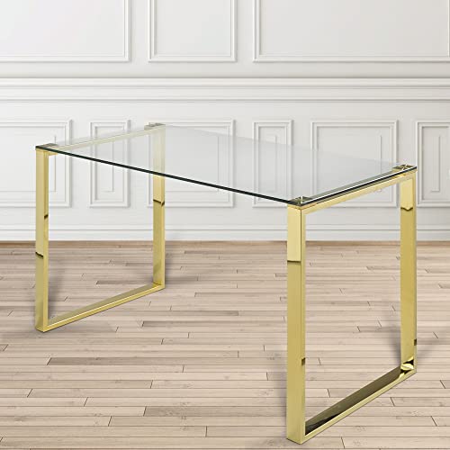 Uptown Club Modern Writing Gold Leaf Stainless Steel Legs and Tempered Glass Top, Computer Table for Home or Office, 47" D x 22" W x 30" H
