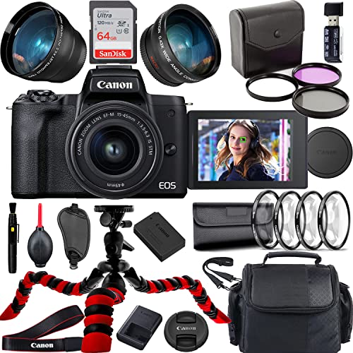 Canon EOS M50 Mark II Mirrorless Camera with 15-45mm Lens (Black) Bundle + Accessories (64Gb Memory Card, Wide Angle and Telephoto Lens, Spider Tripod, Gadget Bag and More)
