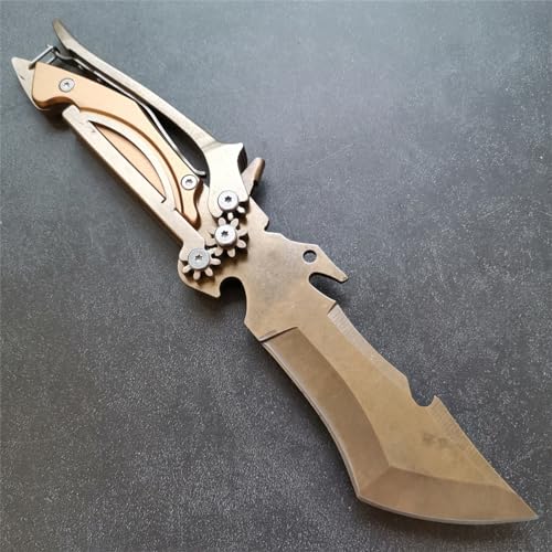 58HRC Fixed Blade Knife with Sheath, Full Stainless Steel Hunting Knife with Special Pattern Blade, Camping Hiking Survival Use (gold)