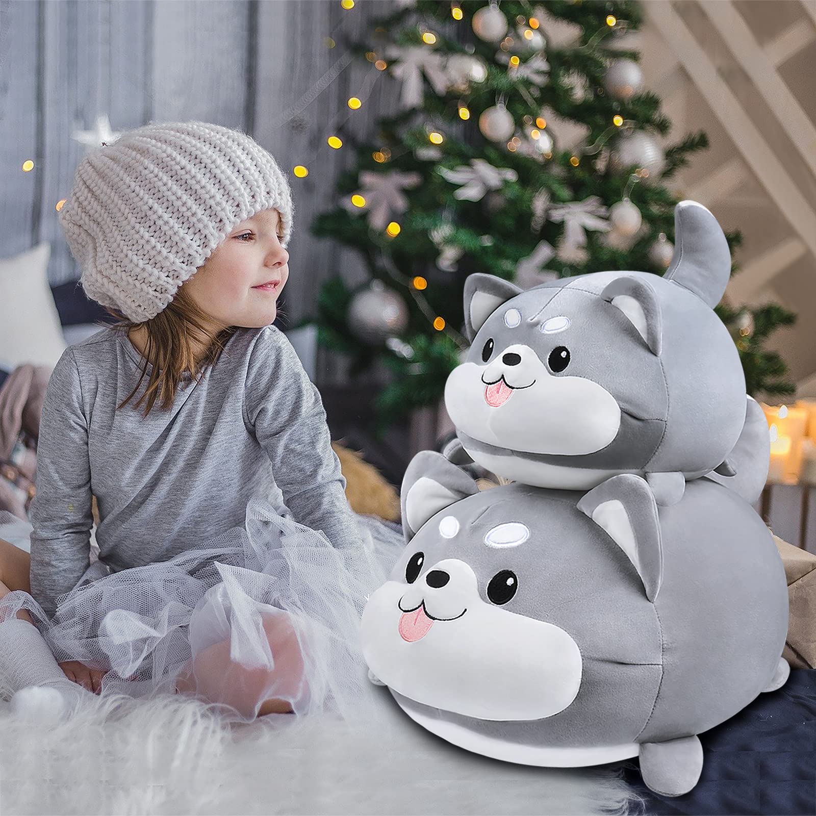 Auspicious beginning Husky Stuffed Animal Throw Pillow, Huskies Chubby Anime Plush Pillow Kawaii Plush Stuff Animal Cute Plushie Stuffed Dog Plush