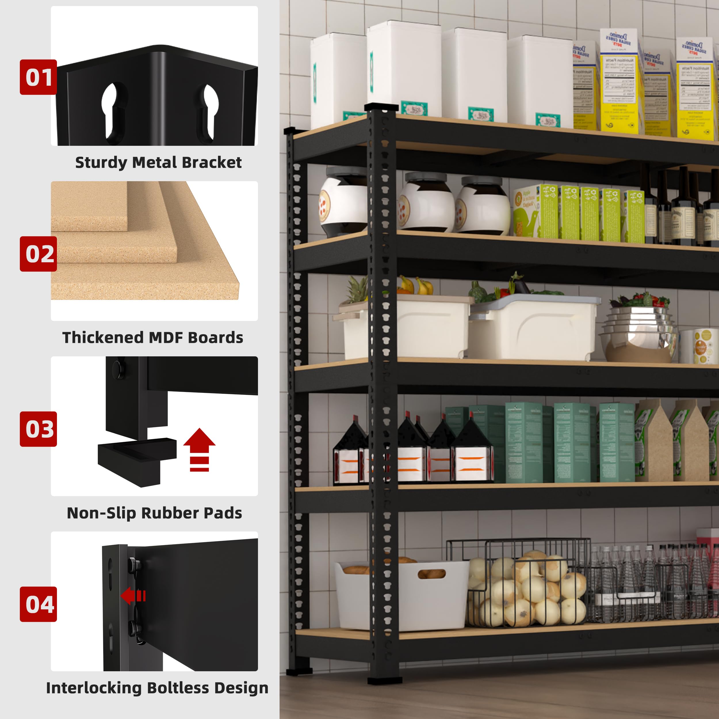 BuxWellBang 48" W x 24" D x 72" H Adjustable Garage Storage Shelves - 5-Shelf Heavy Duty Shelving Unit, Metal Utility Storage Organizer Racks for Warehouse Pantry Closet Kitchen, Black
