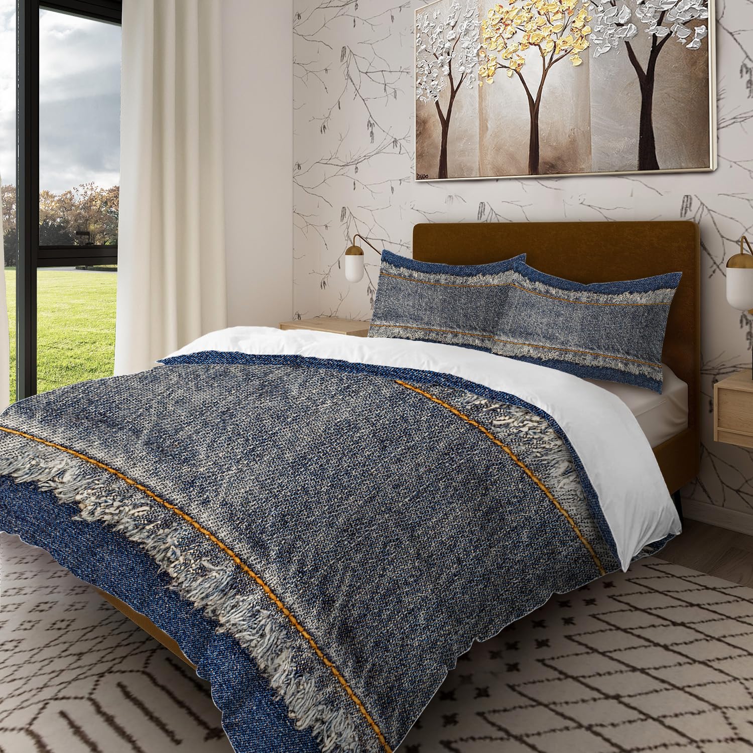 Batmerry Blue Fringe Orange Full Size 3 Pieces Bedding Comforter Cover Sets,Soft Fluffy Denim Torn Worn Blue Jeans Pattern Printed Duvet Cover for All Season