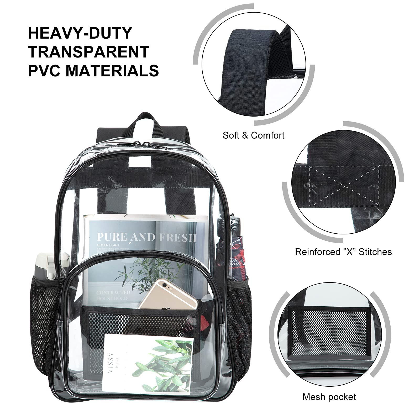 BORMELUN 2Pack Clear Bookbags See Through Backpack Heavy-duty Transparent Plastic Daypack Waterproof for Boys and Girls Concert Stadium approved 16.6x12.2x6 inches