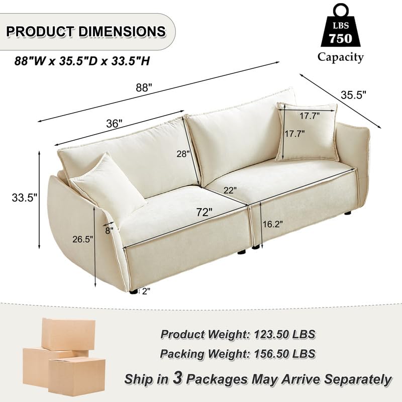 AZSJML 88" Chenille Cloud Sofa Couch, Modern Deep Seat Sofa for Living Room, Oversized 3-Seater Couch with 2 Pillows, Comfy Upholstered Sofa for Bedroom, Apartment, Office, Light Green
