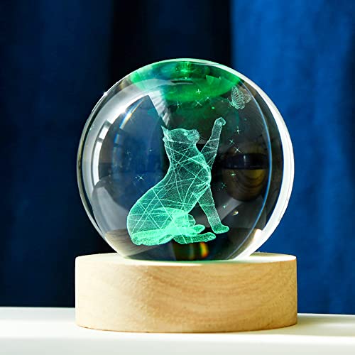 Cat Lover Gifts for Women 3D Cat Figurines in Crystal Ball 60mm Decor Cat Collectibles Snow Globes Gift Glass Sphere Home Decor with Wooden Light Base