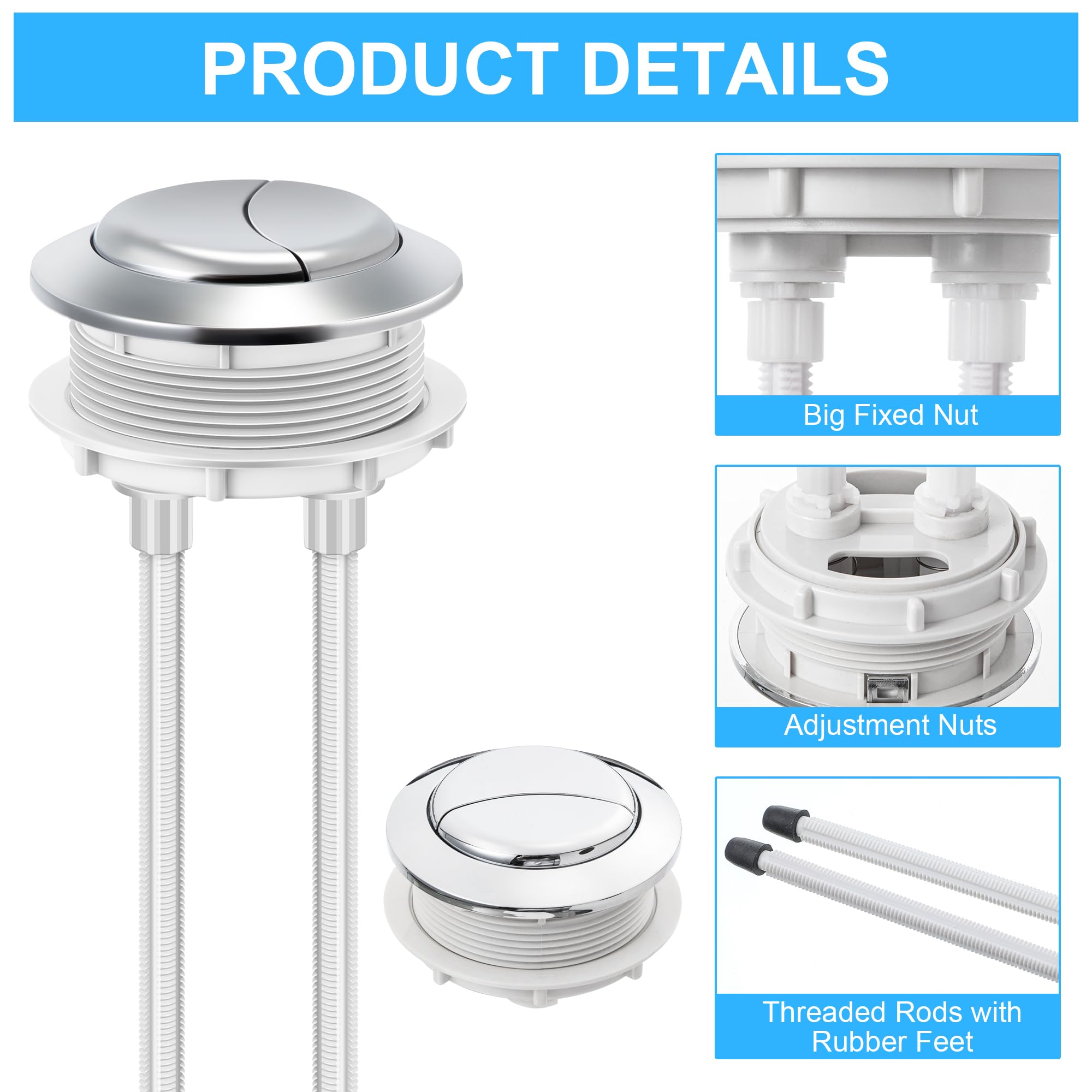 58mm Toilet Tank Buttons, 2 Pack Flush Valve Dual Push Button Replacement Adjustable, Compatible with Glacier Bay Aquasource TOTO, American Standard, KOHLER, Twfords, Armitage Shanks, Geberit