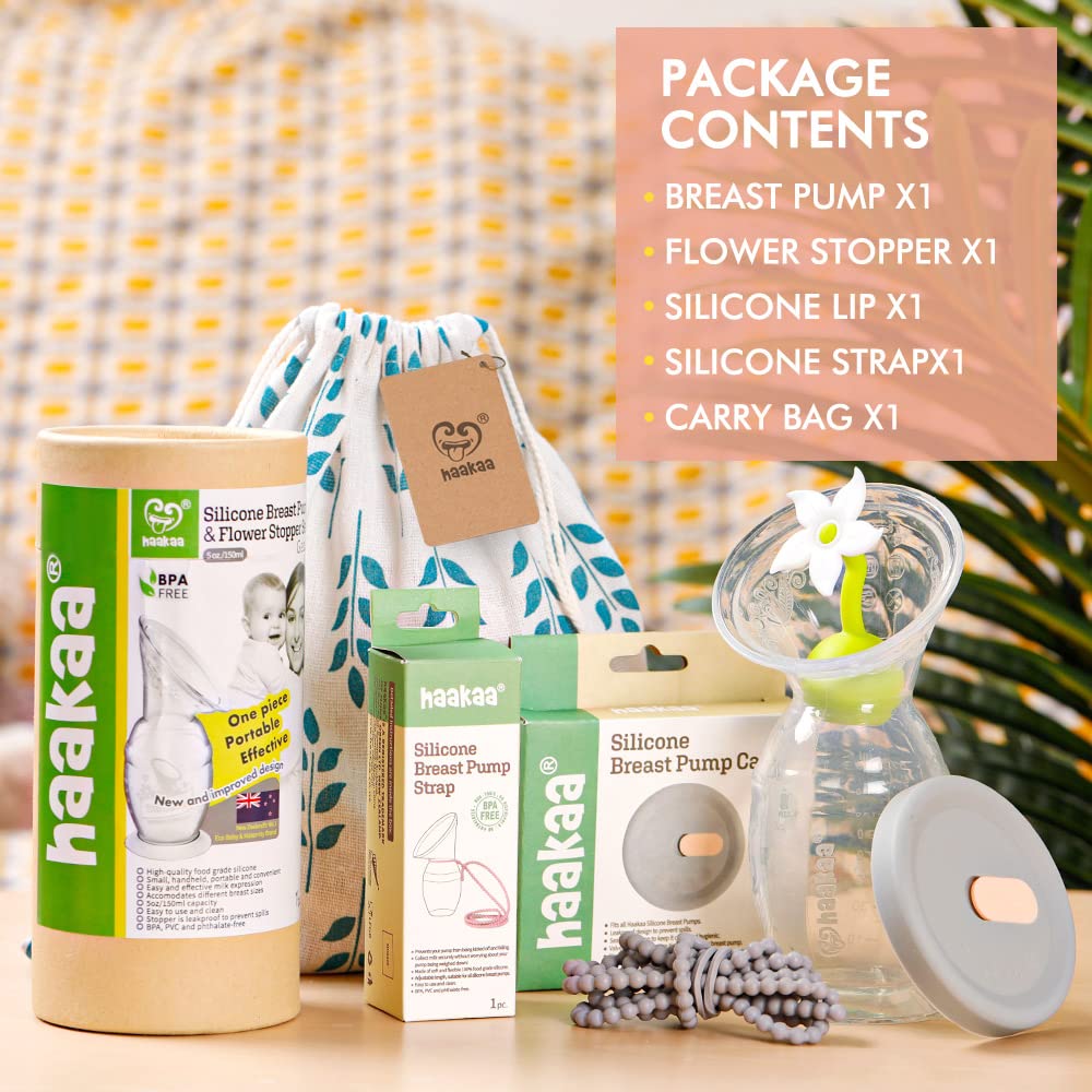 haakaa Manual Breast Pump 150ml with Flower Stopper, Silicone Lid & Silicone Strap Set Breastfeeding Essentials