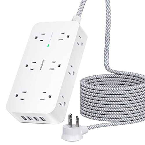 Power Strip Surge Protector- HANYCONY 3 Side 12 Wide Outlets 4 USB Ports, 5Ft Braided Extension Cord Flat Plug, Overload Surge Protection, Wall Mount, Desk Charging Station for Office Home ETL Listed