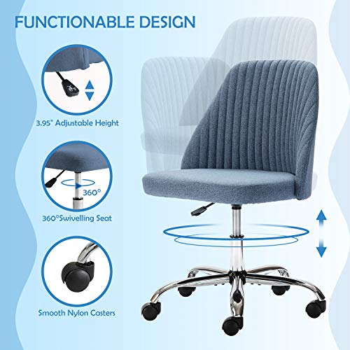 Home Office Desk Chair, Modern Linen Fabric Chair Adjustable Swivel Task Chair Mid-Back Cute Upholstered Armless Computer Chair with Wheels for Bedroom Studying Room Vanity Room (Blue)