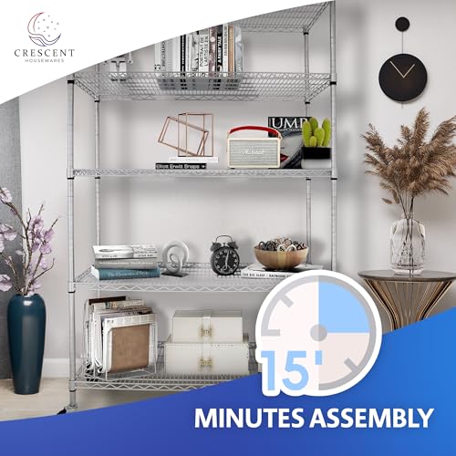 Crescent, Chrome, 48 x 18 x 76, 4000 LBS, Metal Shelves for Storage with Wheels, Ideal for Garage Shelving, 5 Tier Wire Shelving Rack for Kitchen Storage, Heavy Duty Shelving for Home Storage