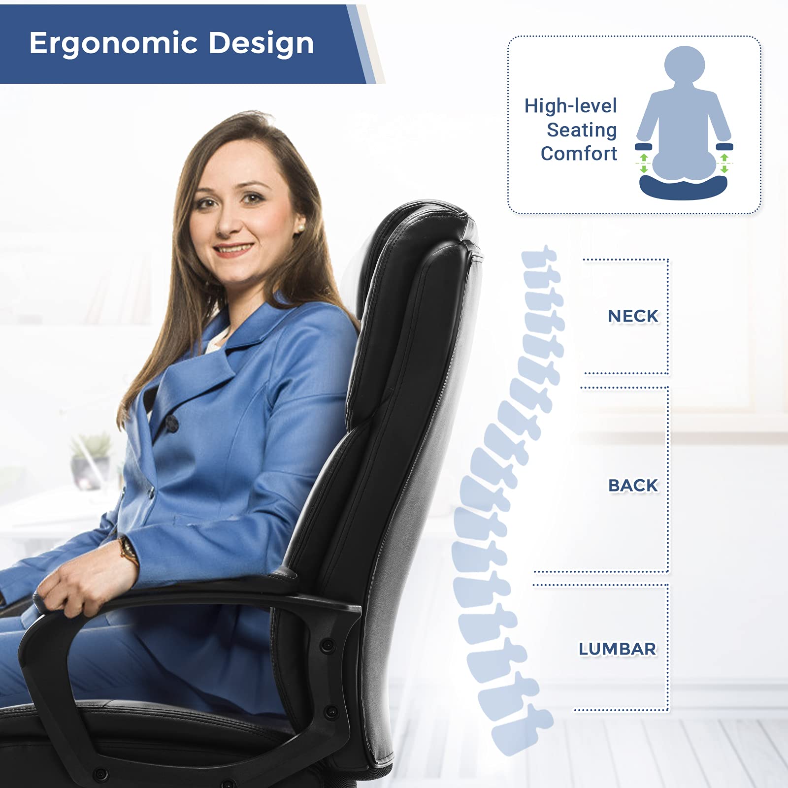 Executive Office Desk Chair High Back Adjustable Ergonomic Managerial Rolling Swivel Task Chair Computer PU Leather Home Office Desk Chairs with Lumbar Support, Black