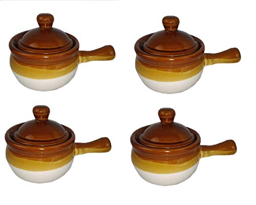 Individual French Onion Soup Crock Chili Bowls with Handles and Lids, Ceramic 16 Ounces 4 Pack