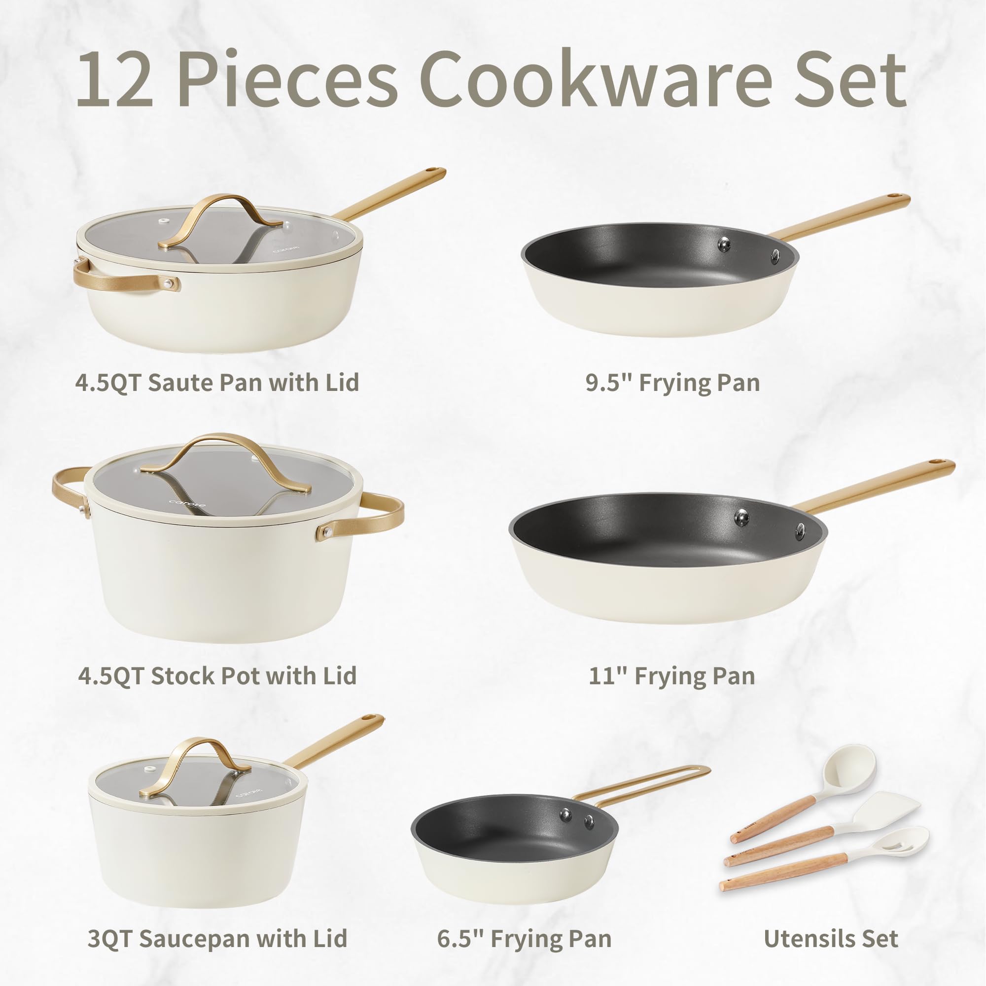 CAROTE 12PCS Saudi Collection Nonstick Cookware Set, Pots and Pans Set Non Stick, Dishwasher Safe, Oven Safe Up to 500ยฐF, Cream and Gold