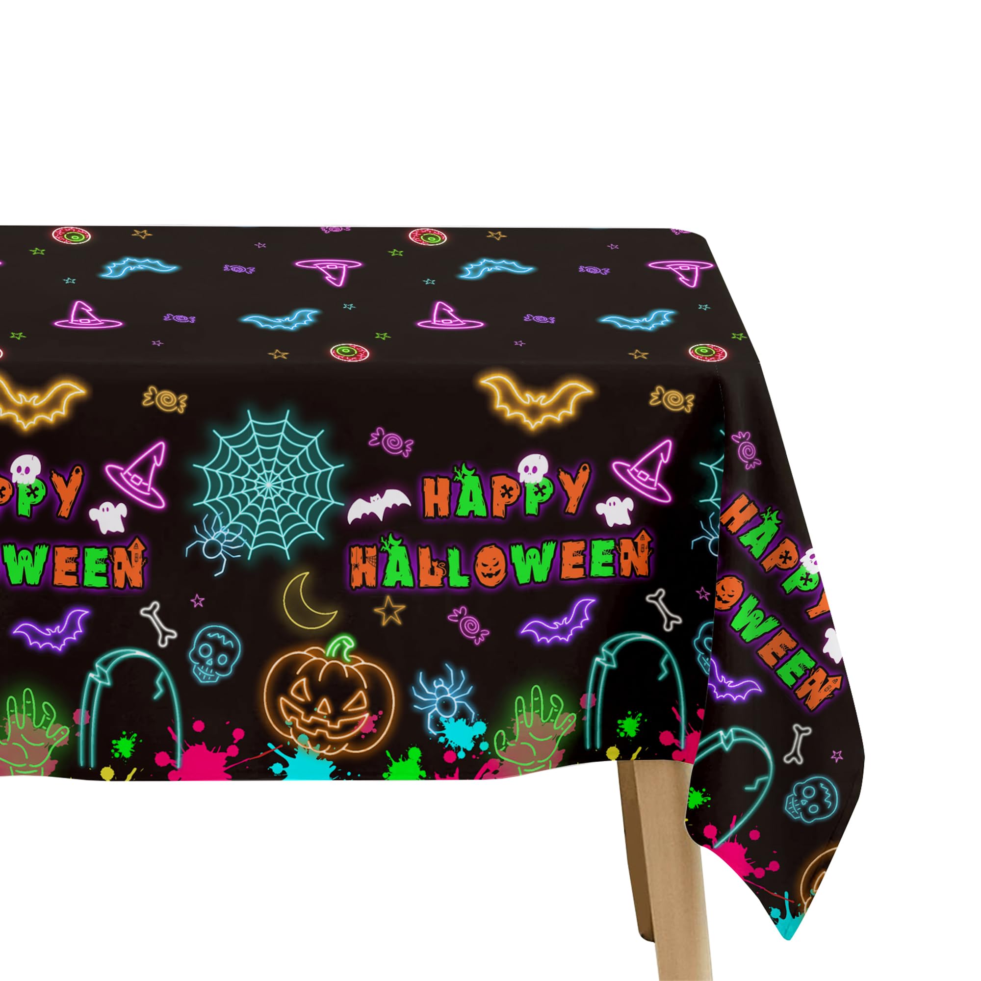 Aribra Neon Halloween Decorations Tablecloths, Glow Happy Halloween Party Supplies Table Covers, Disposable Neon Spooky Halloween Birthday Party Decorations Table Cloth, 3 Pack (108 x 54 Inch)
