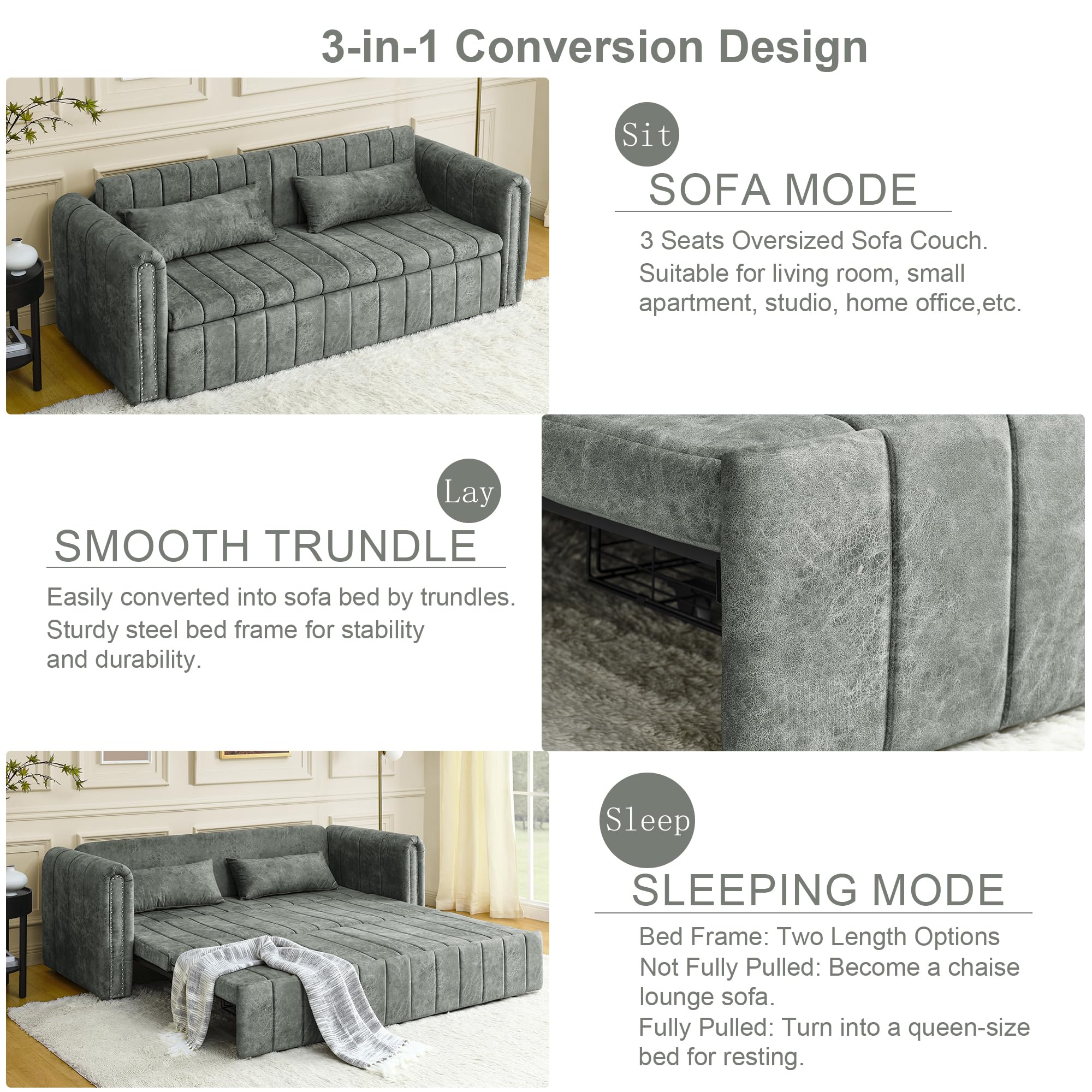 CALABASH 82.3" Queen Pull Out Couch Bed, 3 in 1 Convertible Sleeper Sofa Bed, Velvet 3-Seater Pullout Couch with 2 Storage Drawers for Living Room, Apartment, Small Space (Grey)