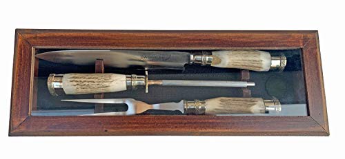 Carving set with deer handle and double nickel silver and steel ferrule in a wooden box with a glass lid
