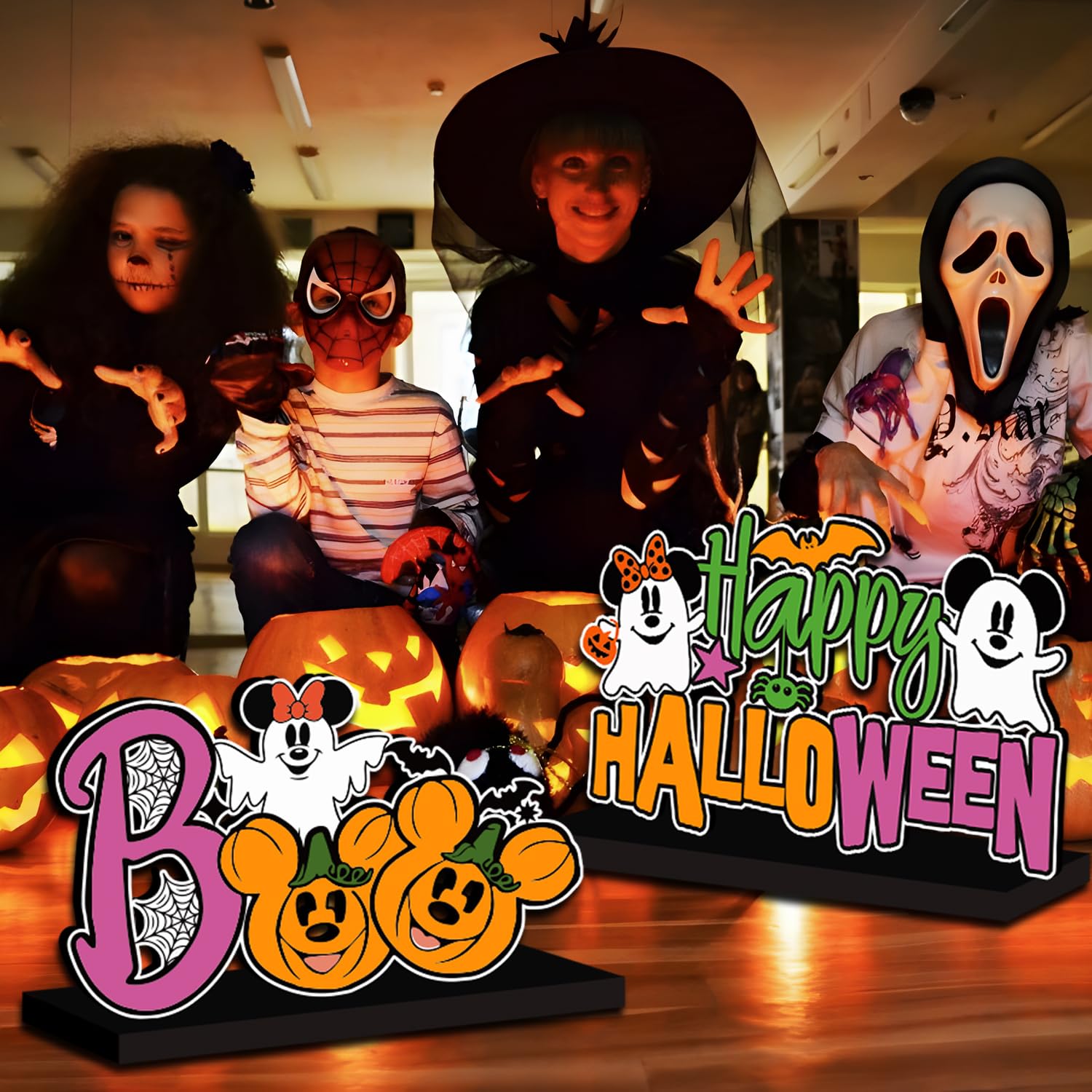 4Pcs Mouse Halloween Decorations Wooden Table Centerpieces, Happy Halloween Table Decorations Halloween Mouse Theme Tiered Tray Decor for Halloween Party Decorations