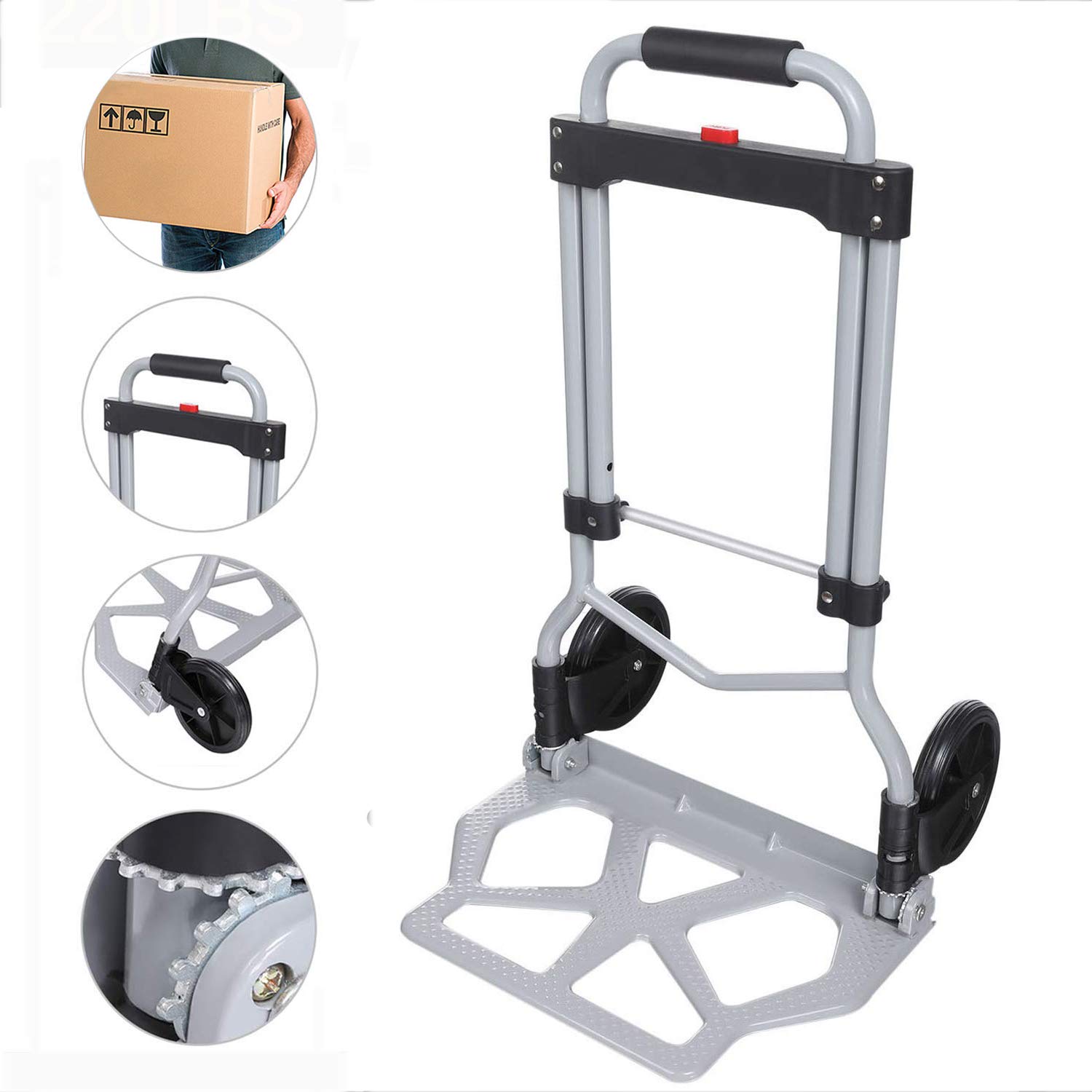 Kemanner Lightweight Folding Hand Truck Portable Luggage Trolley Cart with 2 Wheels for Personal, Moving, Travel and Shopping Use - Support 220lbs Capacity (Silver)