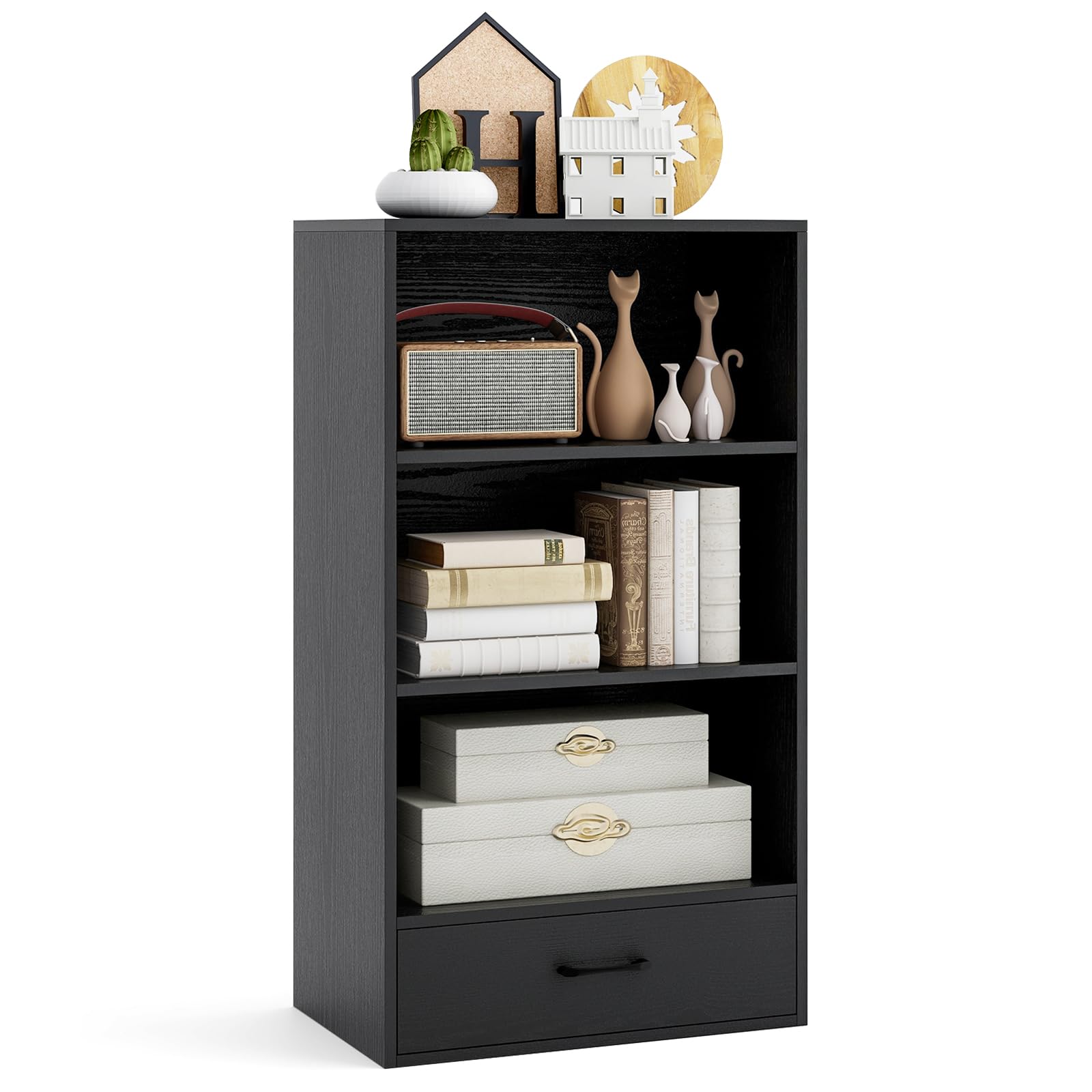 Giantex 4 Tier Bookcase with Drawer, 42.5" Tall Floor Standing Organizer Display Storage Shelves with Anti-toppling Device, Wood Open Shelf Bookshelf for Kids Room, Living Room, Study, Black